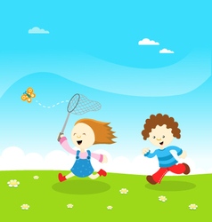 Happy kids catching bugs Royalty Free Vector Image