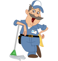 Funny cartoon janitor with mop smiling fat man Vector Image