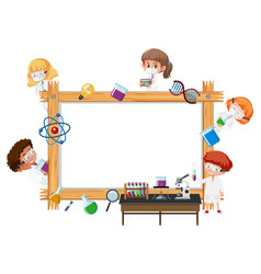 Empty wooden frame with student kids cartoon Vector Image