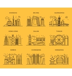 Icons Chinese Major Cities Flat Style Royalty Free Vector