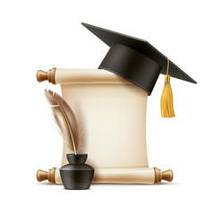 Realistic quill pen in inkpot paper scroll Vector Image