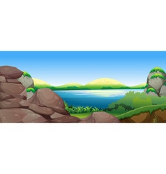 Woodcut mountain lake scene Royalty Free Vector Image