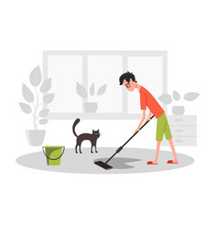 Man mops floor side view color Royalty Free Vector Image