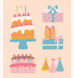 Happy birthday celebration with cake and balloons Vector Image