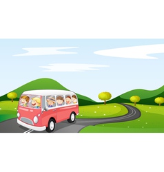 Cartoon bus on a mountain road Royalty Free Vector Image
