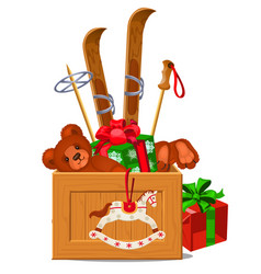 Wooden box with winter attributes isolated on Vector Image