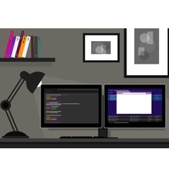 Person programmer working on laptop with program Vector Image