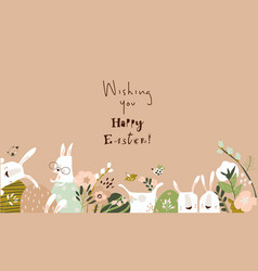 Cute cartoon bunny with easter eggs and flowers Vector Image