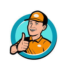 Happy worker in work uniform logo service concept Vector Image