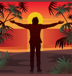 Artist standing on stage with raised open arms Vector Image