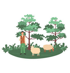 Sheep farming man shepherd with herd on nature Vector Image