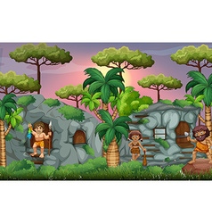 Border design with cavemen living at the cave Vector Image
