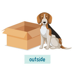 Preposition wordcard with dog and box Royalty Free Vector