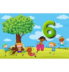 Flashcard number 6 with six children in park Vector Image