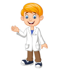 Cartoon boy scientist wearing lab white coat wavin