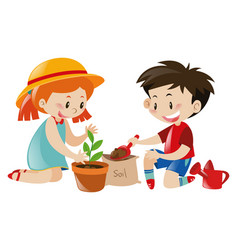 Boy and girl planting tree in garden Royalty Free Vector