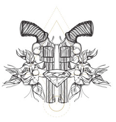 Contour image two revolvers roses and diamond Vector Image