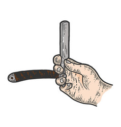 Straight razor in hand sketch color scratch board Vector Image
