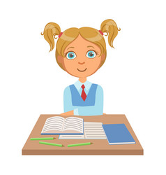 Cute girl sitting at the desk and rising her hand Vector Image