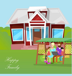 Cartoon happy family members in front yard of Vector Image