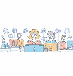 Call center support - line design header banner Vector Image