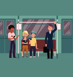 Two men in subway reading newspaper and using Vector Image