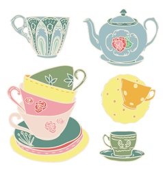 Tea party invitation card with a cups and pot Vector Image