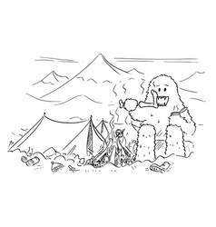 Cartoon drawing yeti who is eating or Royalty Free Vector