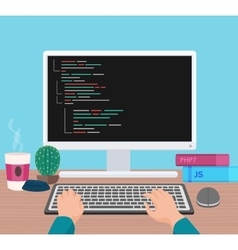 Flat hands typing on white keyboard with laptop Vector Image