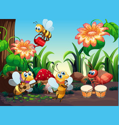 Bee music band playing in nature Royalty Free Vector Image