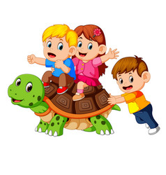 Childrens riding giant turtle Royalty Free Vector Image