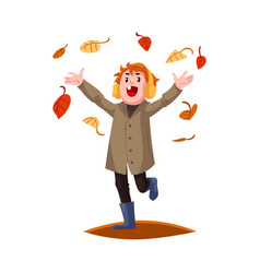 Cartoon boy kid falling autumn leaves Royalty Free Vector