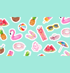 Cute pink flamingo with surf board on beach Vector Image