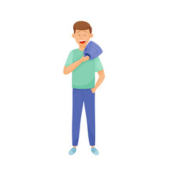 Young smiling man standing and holding mask with Vector Image