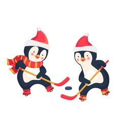 Penguin play ice hockey in winter Royalty Free Vector Image
