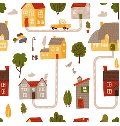 Seamless pattern - cartoon road with house tree Vector Image