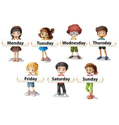 Kids holding cards saying days week Royalty Free Vector