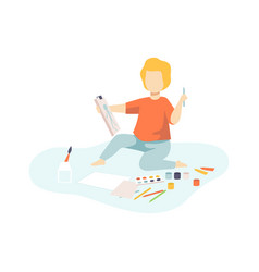Cute boy sitting on floor painting Royalty Free Vector Image