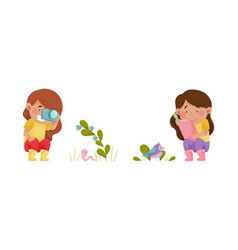 Cute kids exploring insects in forest or park set Vector Image