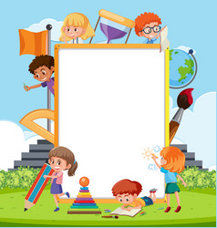 Empty wooden frame with student kids cartoon Vector Image