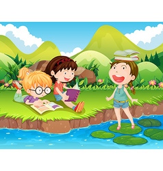 Scene with children at river Royalty Free Vector Image