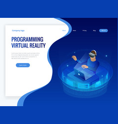 Isometric programmer coding new project sitting on