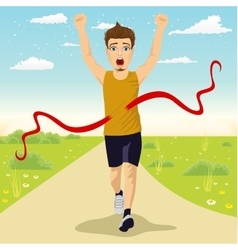 Male runner crossing red finish line outdoors Vector Image